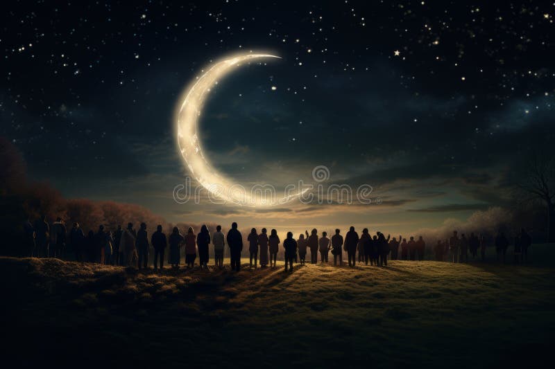 Group of People Watching Large Crescent Moon on Christmas Sky Stock ...
