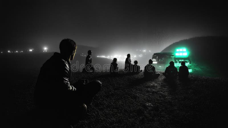 Group of People Watching Movie Outdoors at Night with Green Lights ...
