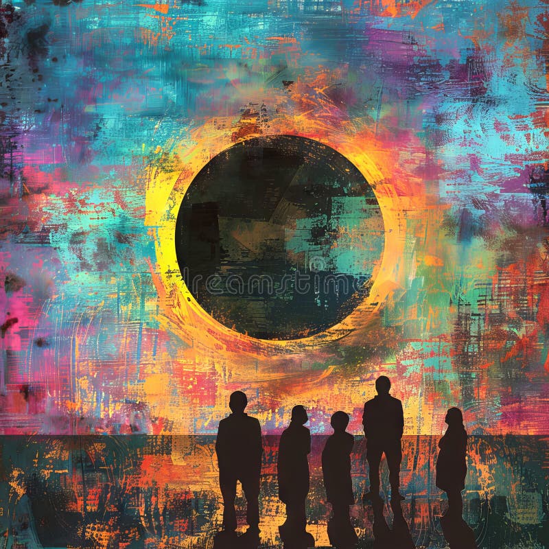 Group of People Watching a Solar Eclipse. Silhouetted Figures Observe ...