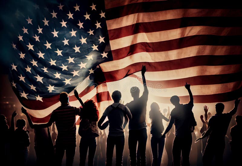Group of People Waving American Flags in Back Lit. Generate Ai. Stock ... Group of People Waving American Flags in Back Lit. Generate Ai. Stock ...