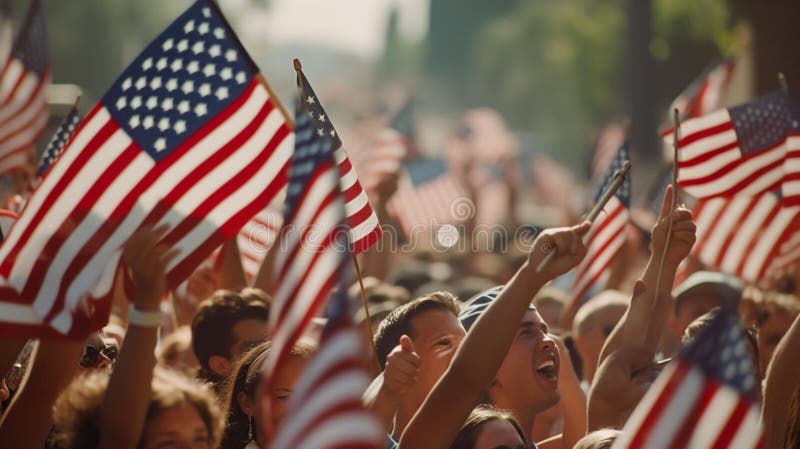 A Group of People Waving American Flags and Cheering during a Fourth of ...
