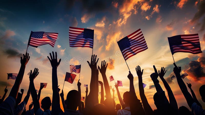 Group of People Waving American Flags at Sunset Generative Ai Stock ...