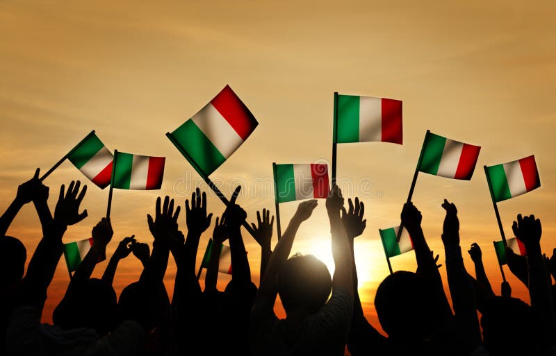 Group of People Waving Italian Flags in Back Lit Stock Photo - Image of ...