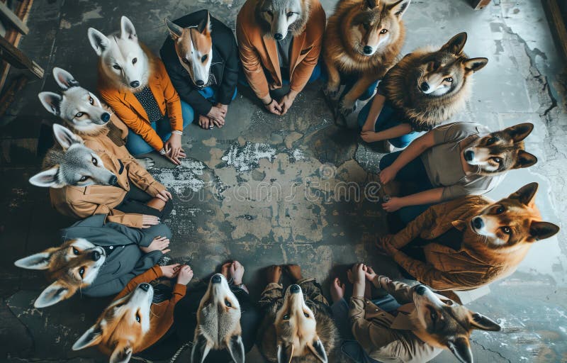 A Group of People Wearing Animal Masks Sitting in a Circle Stock ...
