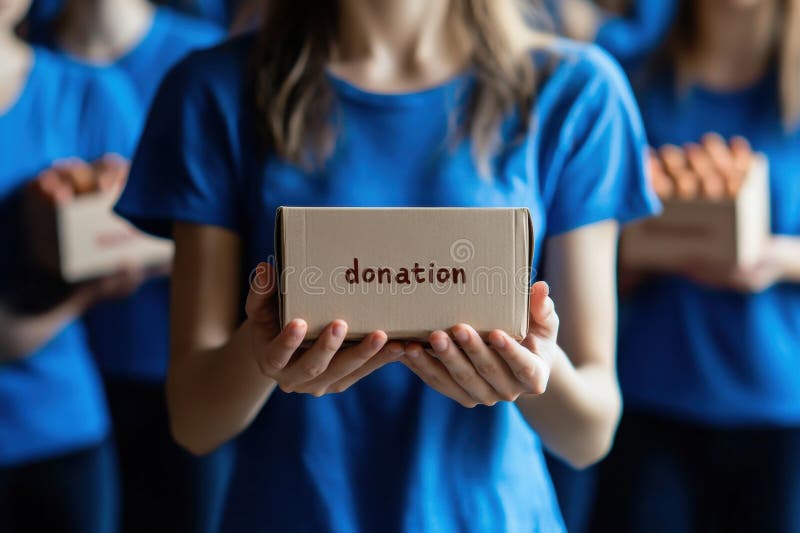 A Group of People Wearing Blue Shirts are Holding a Donation Box Stock ...