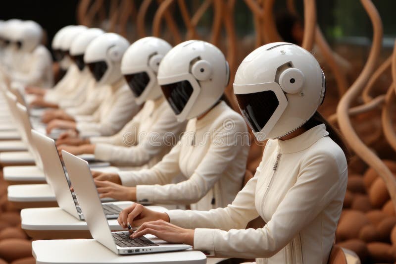 A Group of People Wearing Helmets Using Laptops. Generative AI Image ...