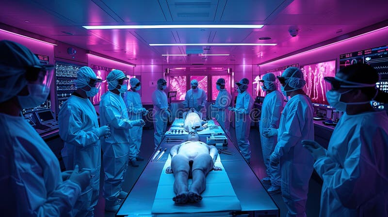 A Group of People in White Lab Coats are Standing Around a Table with a ...