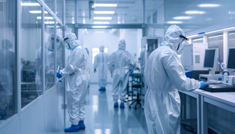 A Group of People in White Lab Coats are Working in a Sterile ...