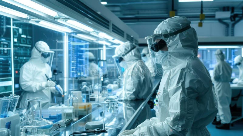 Group of People in White Suits Conducting Experiments in Lab Stock ...