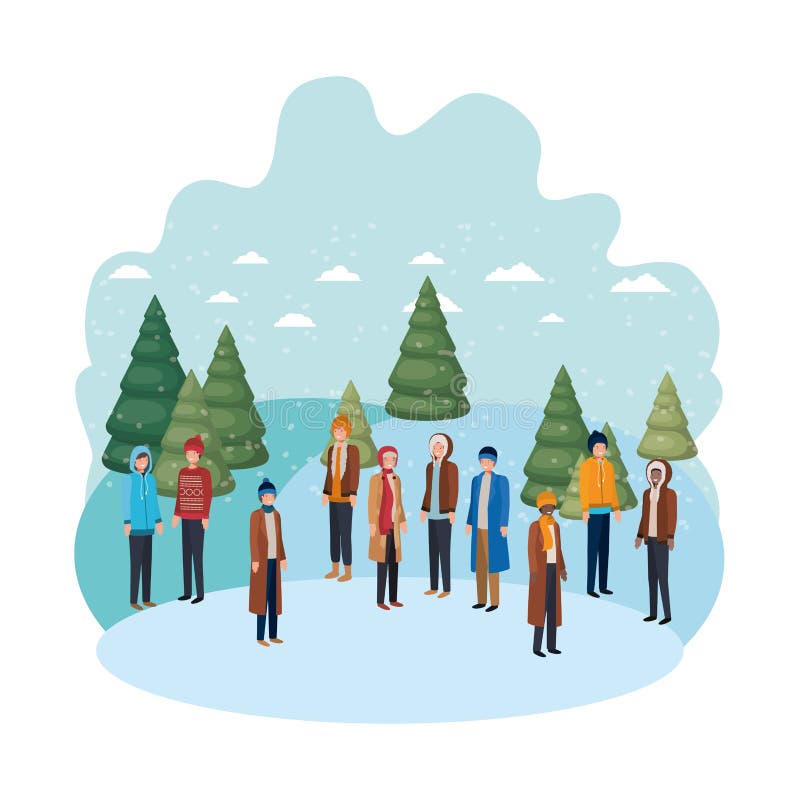 Group of People with Winter Clothes and Christmas Trees Avatar ...