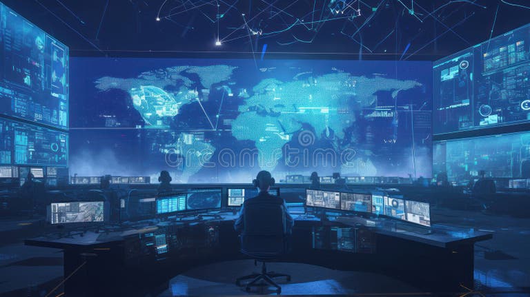 A Group of People Work in a Dark Control Room, Looking at Computer ...