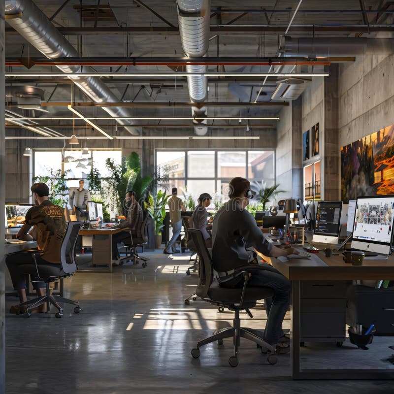 Group People Work Modern Open Office Large Windows Desks Computers ...