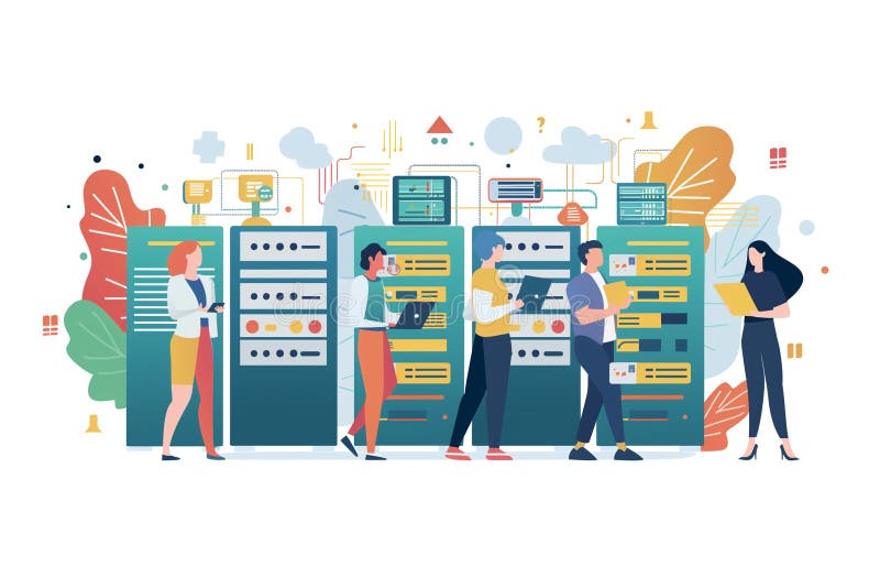 Group of People Work in Server Room Racks. Cloud System Concept. Computing Technology Flat ...