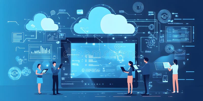 A Group of People are Working on a Computer Screen with a Blue ...