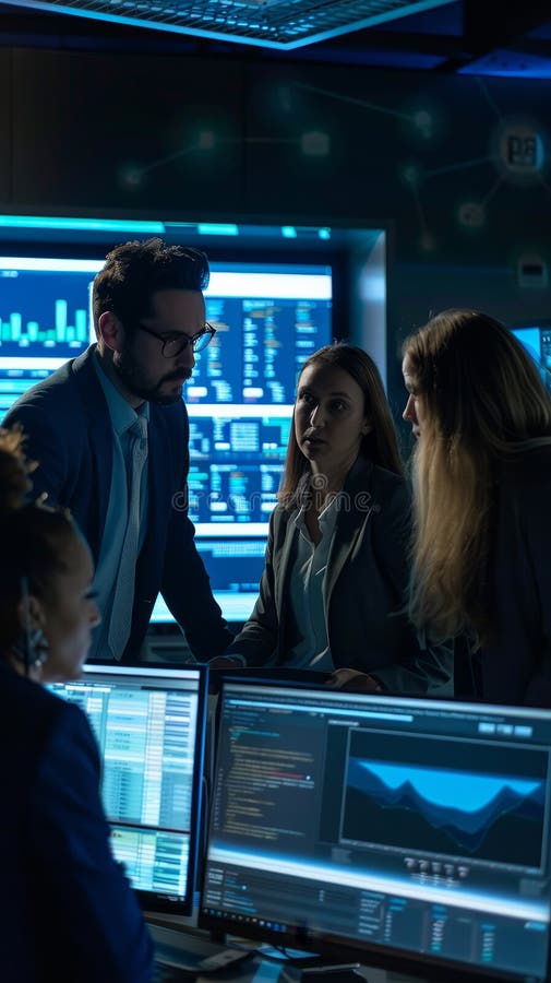 A Group of People are Working on a Computer Screen with a Lot of Data ...