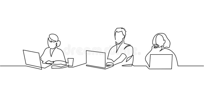 Group of People Working Continuous One Line Vector Drawing. Students ...
