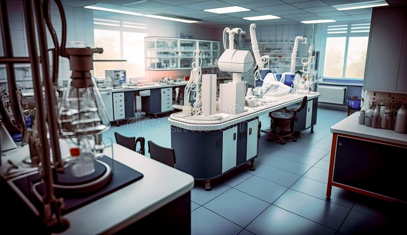 Group of People Working in Lab with Machines and Bottles on the Counter ...