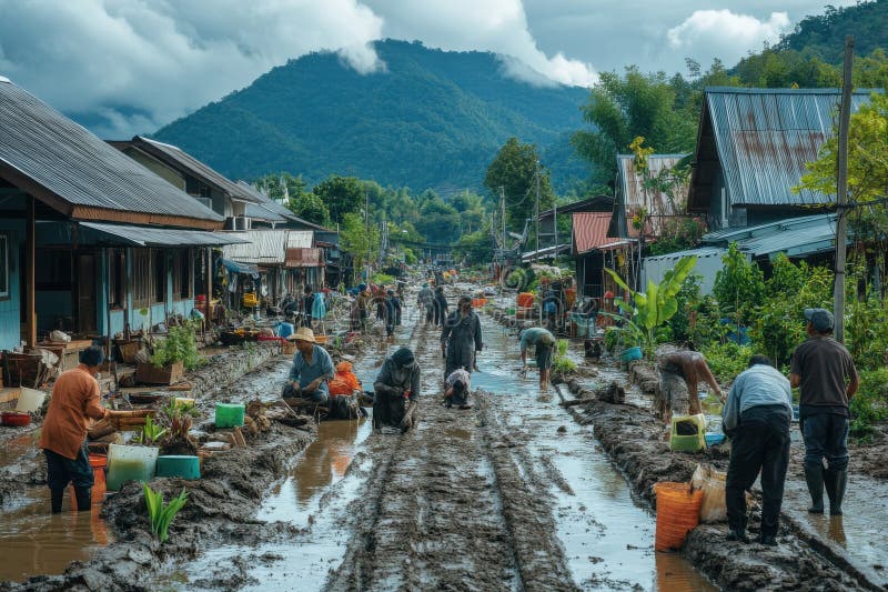 A Group of People are Working in a Muddy Street Stock Photo - Image of ...