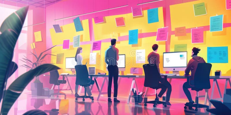 A Group of People are Working in an Office. There are Sticky Notes on ...