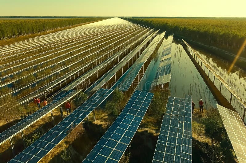 A Group of People are Working on Solar Panels in a Field Stock ...