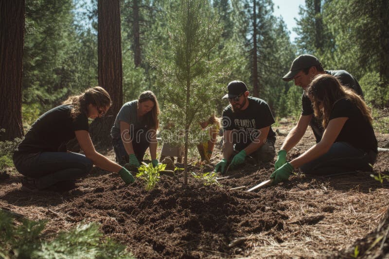 A Group of People Working Together in a Forest. they are Planting Young ...