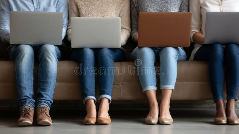 A Group of People Working Together on Laptops while Sitting on a Couch. this Image Captures ...
