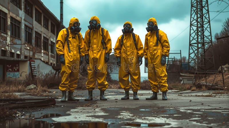 A Group of People in Yellow Hazmat Suits Standing in Front of a ...
