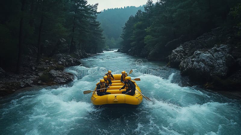 Group of People in a Yellow Raft Navigate a River Rapids in a Lush ...