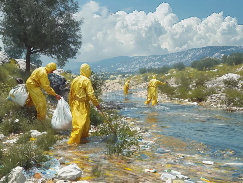 A Group of People in Yellow Suits are Cleaning Up a River Stock ...