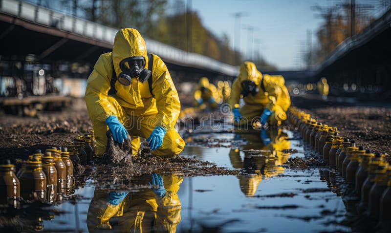 Group of People in Yellow Suits and Gas Masks Stock Image - Image of ...