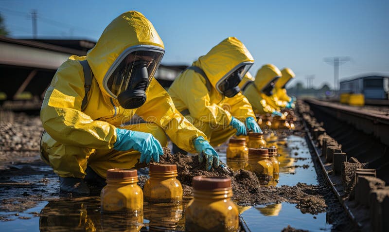 Group of People in Yellow Suits and Gas Masks Stock Image - Image of ...