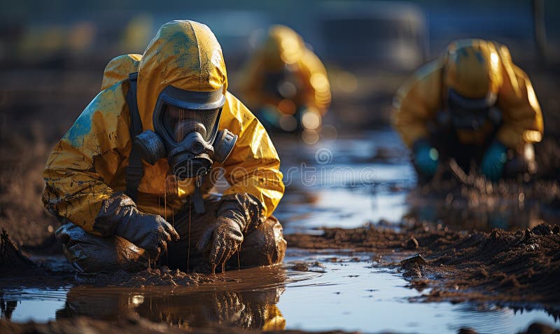Group of People in Yellow Suits and Gas Masks Stock Image - Image of ...