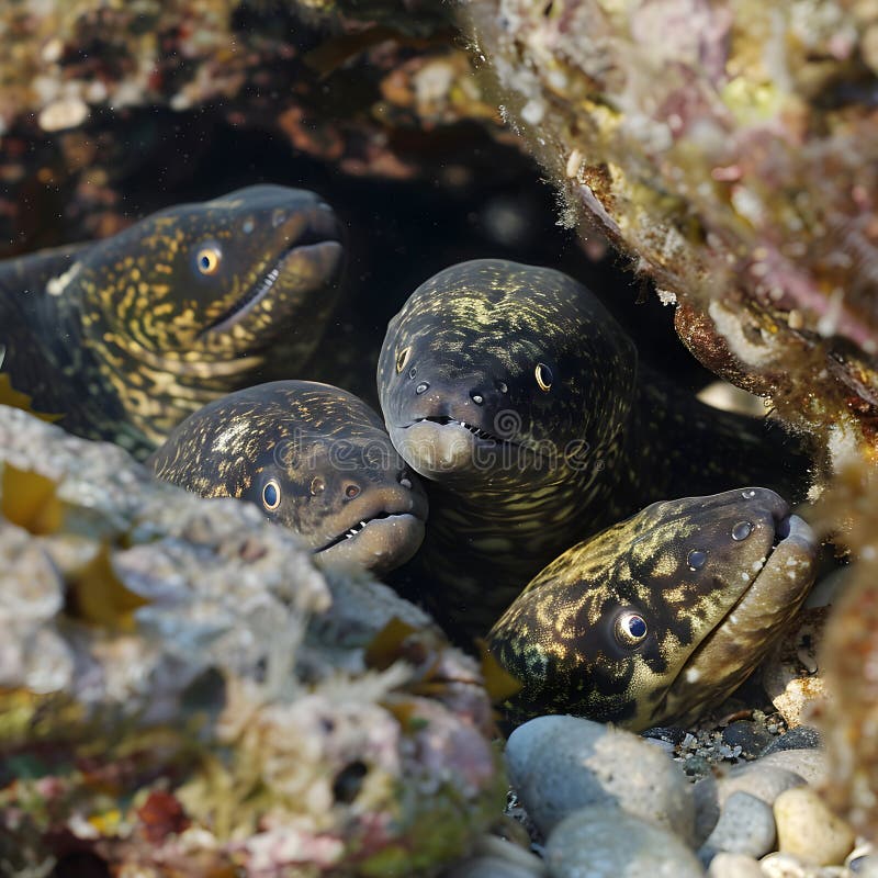 Four Peppered Moray Eels are Emerging from a Rock Pool Stock ...