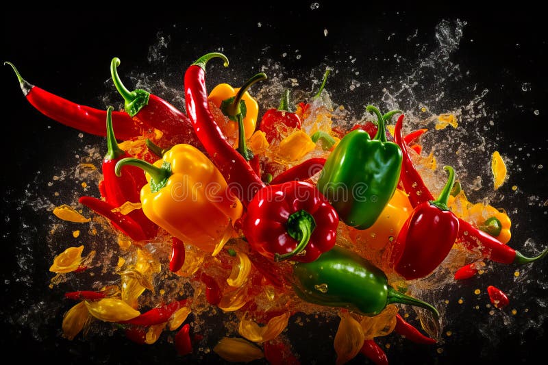 Group of Peppers Splashing into Pile of Orange and Green Peppers ...