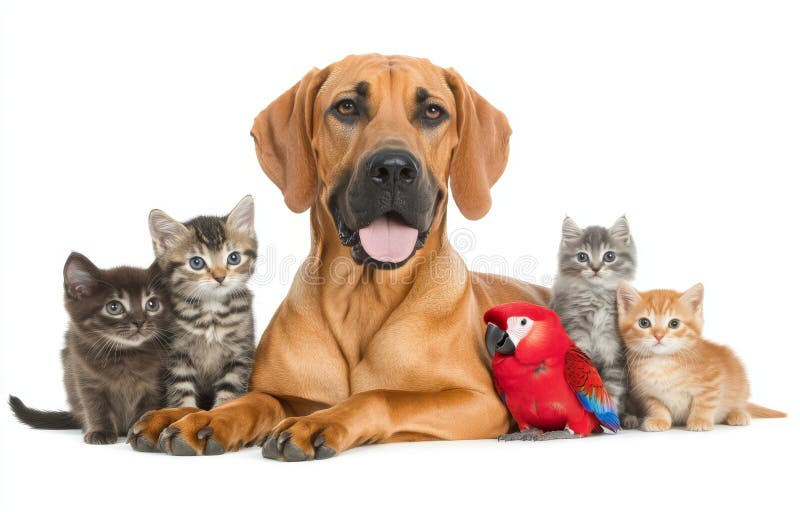 A Group of Pets Comprises a Dog, Cat, Bird, Reptile, Rabbit, and More ...