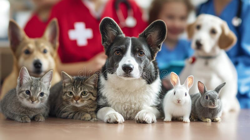 Group of Pets Including Dog, Cat, and Rabbit in Veterinary Setting ...