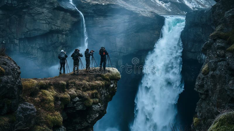 Group of Photographers Capturing Images of a Spectacular Waterfall ...