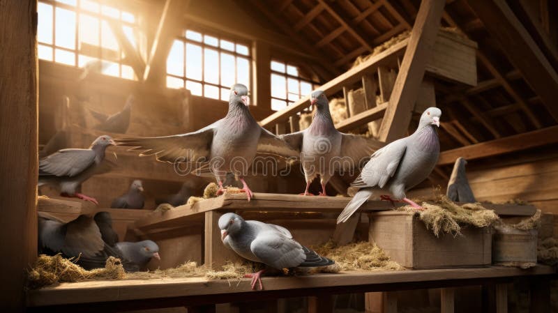 A Group of Pigeons Sitting on Top of a Wooden Structure Stock ...