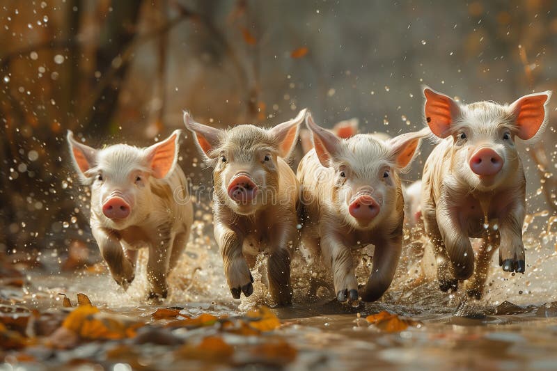 A Group of Piglets Energetically Running through a Water Puddle Stock ...