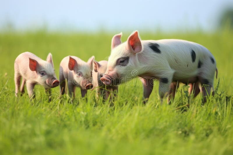 Group of Piglets Feeding from Their Mother on a Green Field Stock Photo ...