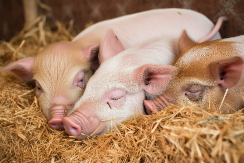 A Group of Piglets Snoozing in a Pile of Hay, Their Tiny Pink Noses ...