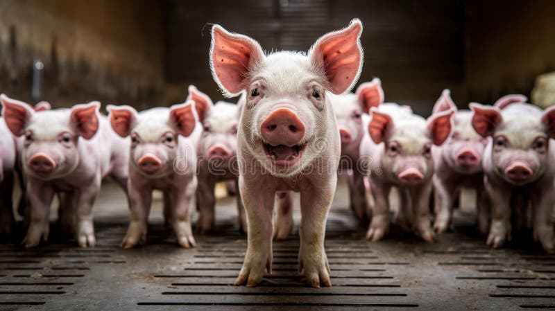 Group of Pigs with One Central Pig Standing in Dim Indoor Pen Stock ...