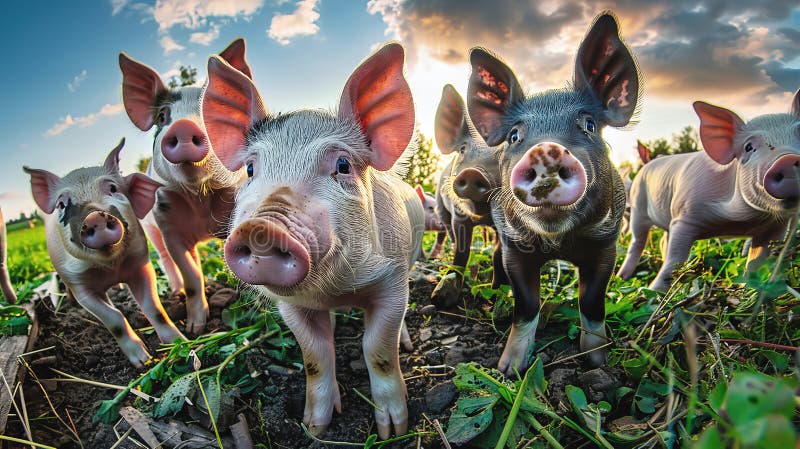 A Group of Pigs are Standing on a Lush Green Field Stock Illustration ...