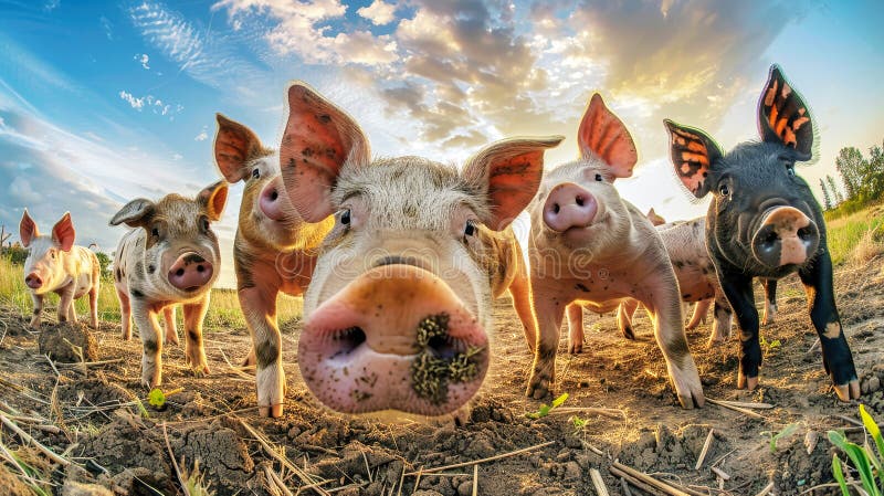 A Group of Pigs are Standing on a Lush Green Field Stock Illustration ...