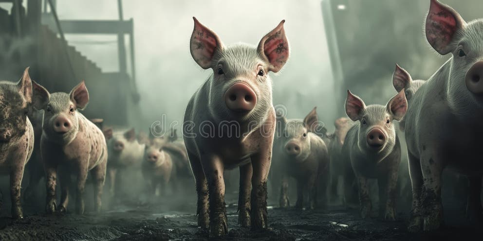 Group of Pigs Standing in a Misty Farm Environment with a Dramatic ...