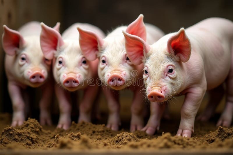 A Group of Pigs Standing Next To Each Other, Waiting or Exploring Stock ...