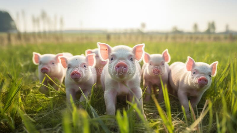 A Group of Pigs Standing on Top of a Lush Green Field Stock Photo ...