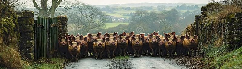 Pigs on a Rural Road Farm Animals Countryside Rustic Gate Green Grass ...