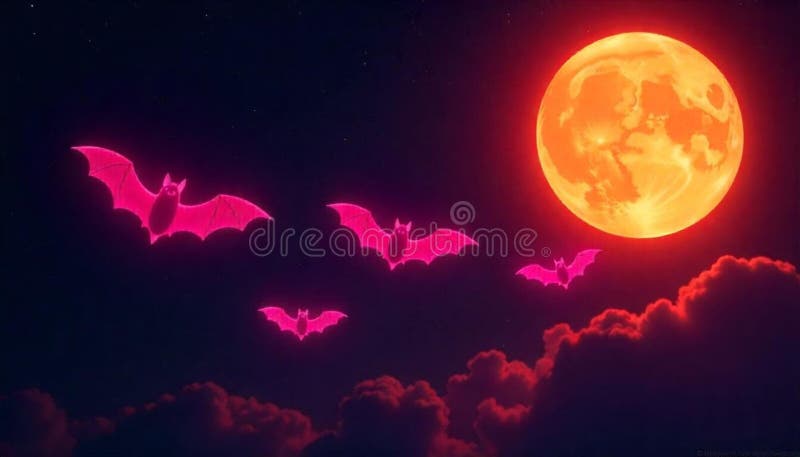 A Group of Pink Bats Flying Against a Night Sky with a Full Moon ...