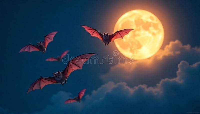 A Group of Pink Bats Flying Against a Night Sky with a Full Moon ...